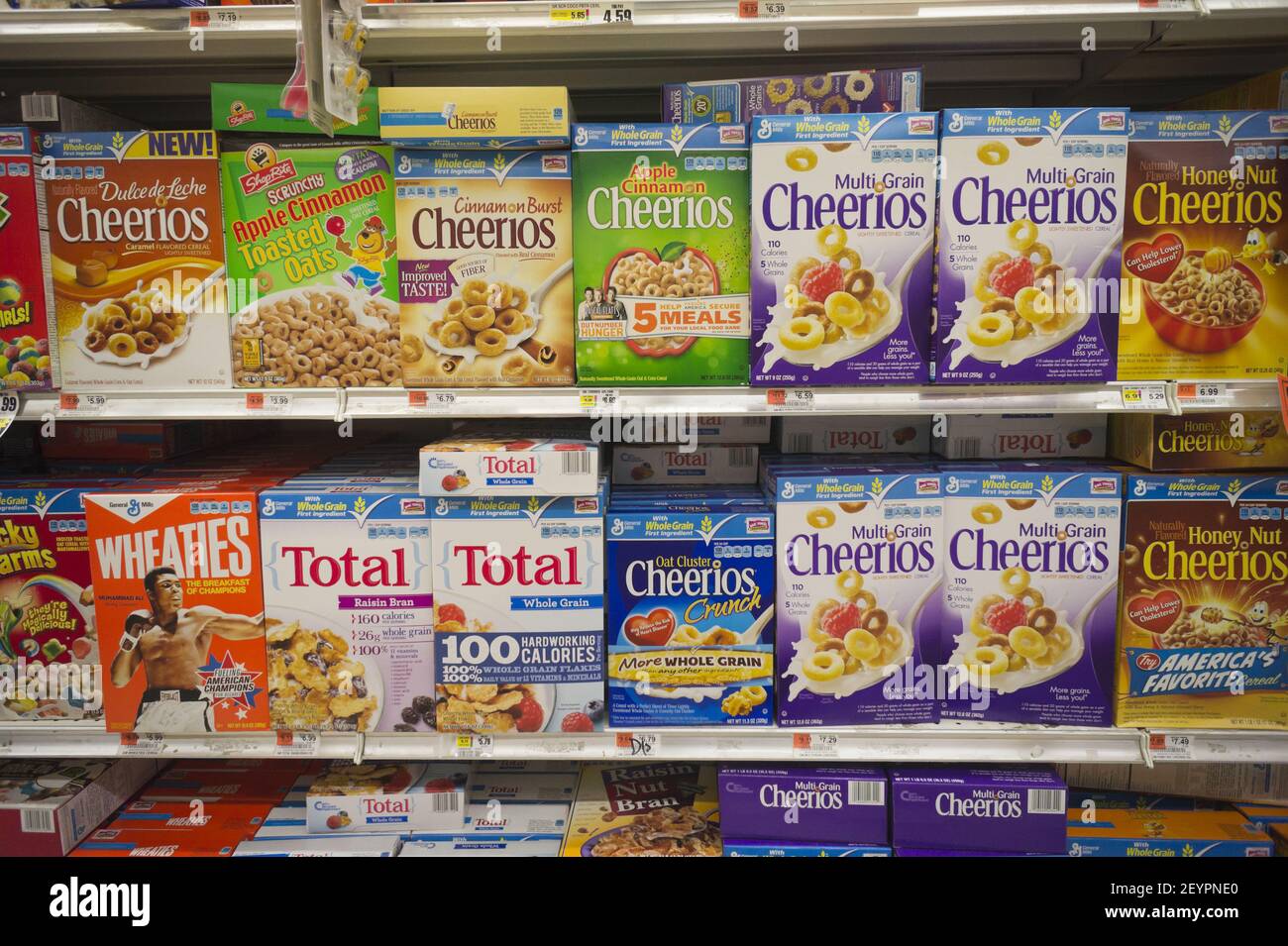 Boxes of General Mills breakfast cereals mixed in with house brand ...