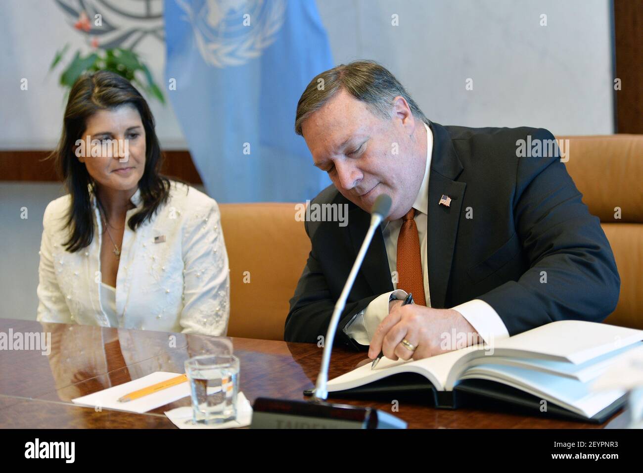 United States Ambassador to the United Nations Nikki Haley (L) watches ...