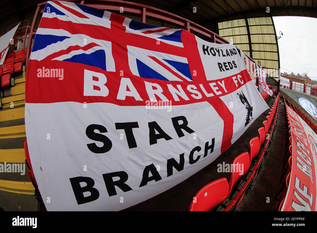 Barnsley, UK. 06th Mar, 2021. A supporters flag inside Oakwell, home of ...