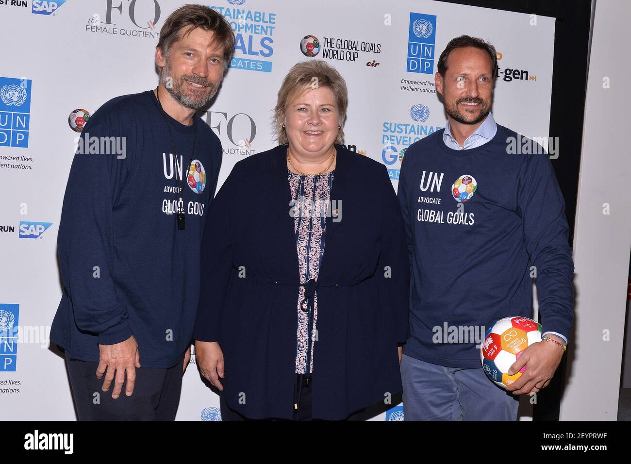 (L-R) Actor Nikolaj Coster-Waldau, Prime Minister of Norway Erna ...