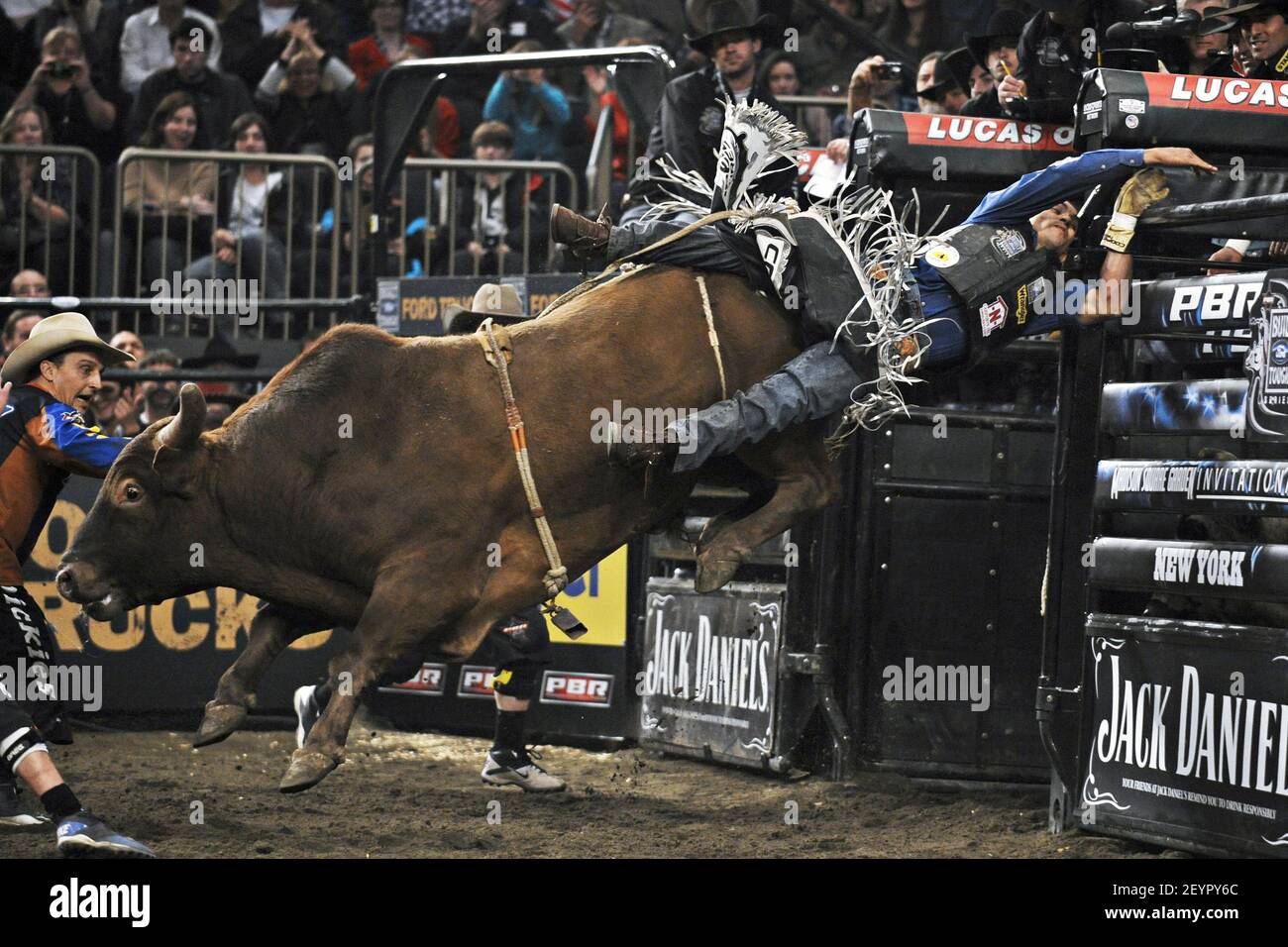 07 January 2012 - New York - A professional bull rider reaches for a ...