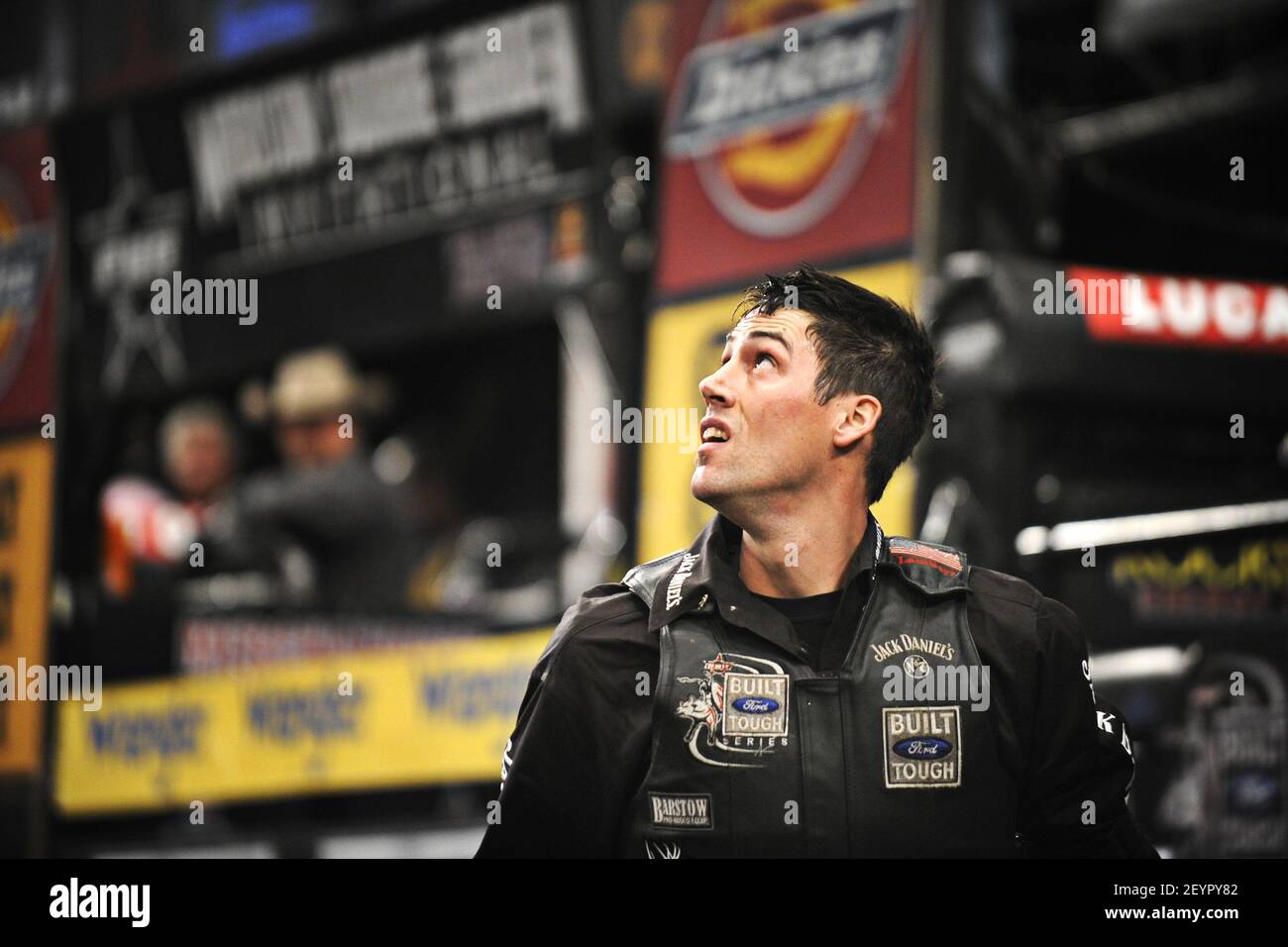 07 January 2012 - New York - A professional bull rider looks up at the ...