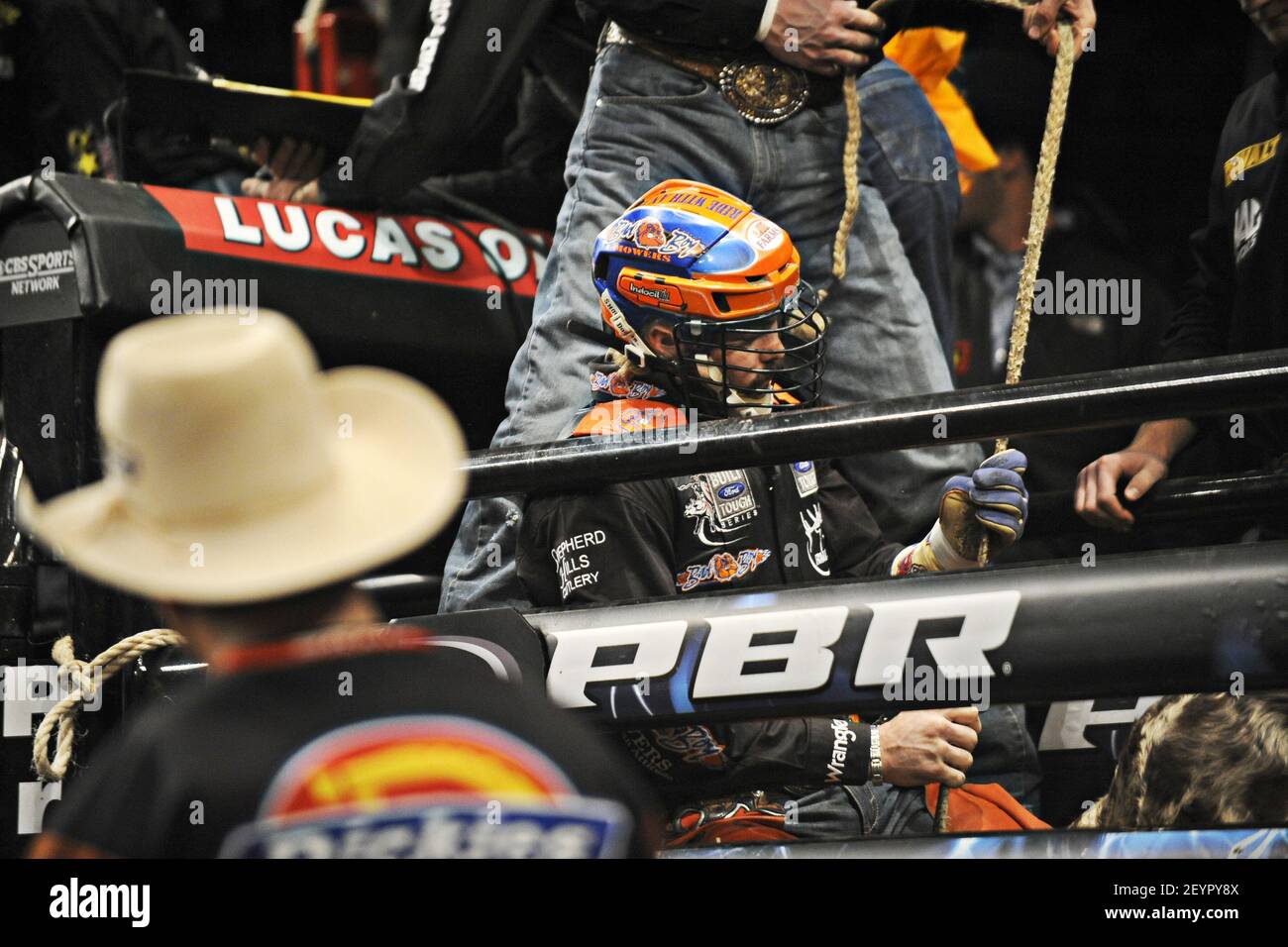 07 January 2012 - New York - A professional bull rider in the chute ...