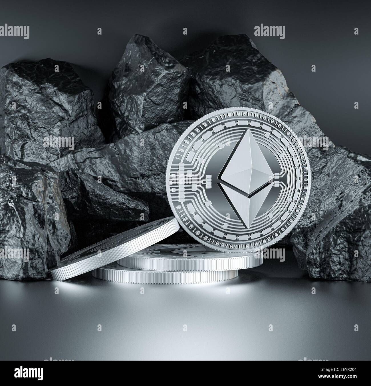 Ethereum silver coin with ether effect isolated on black background. 3D ... Ethereum silver coin with ether effect isolated on black background. 3D ...