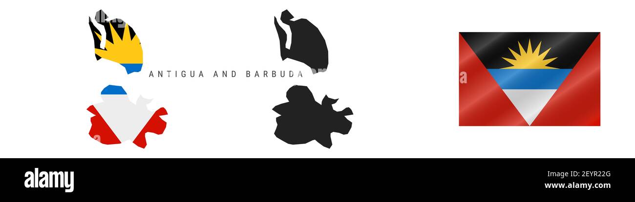 Antigua and Barbuda. Map with masked flag. Detailed silhouette. Waving ...