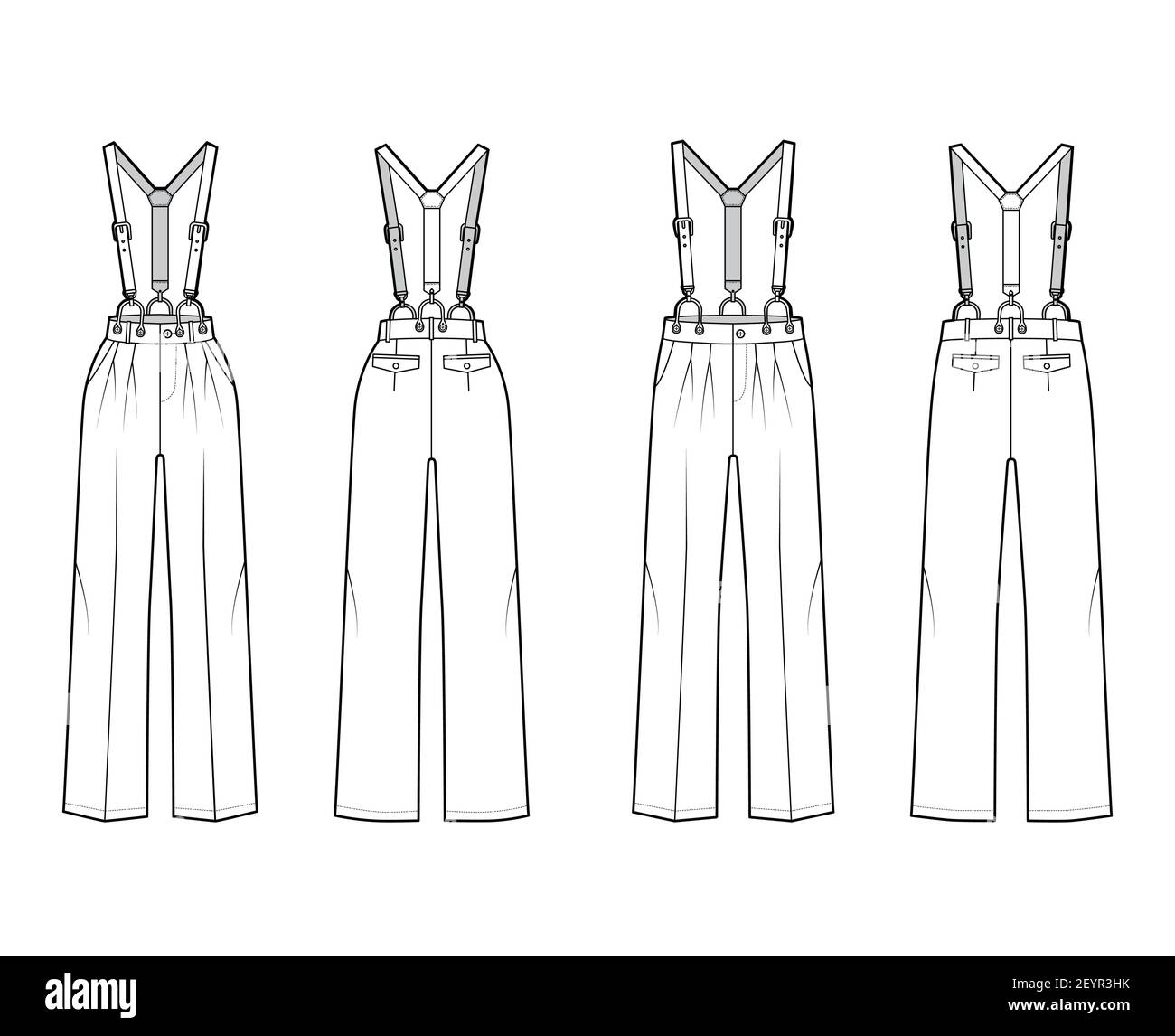 Set of Suspender Pants Dungarees technical fashion illustration with ...