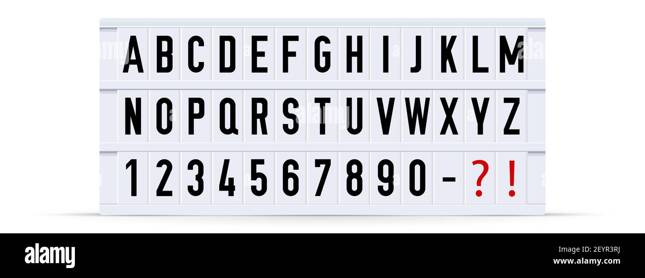 Alphabet, font displayed on a vintage letter board light box ...