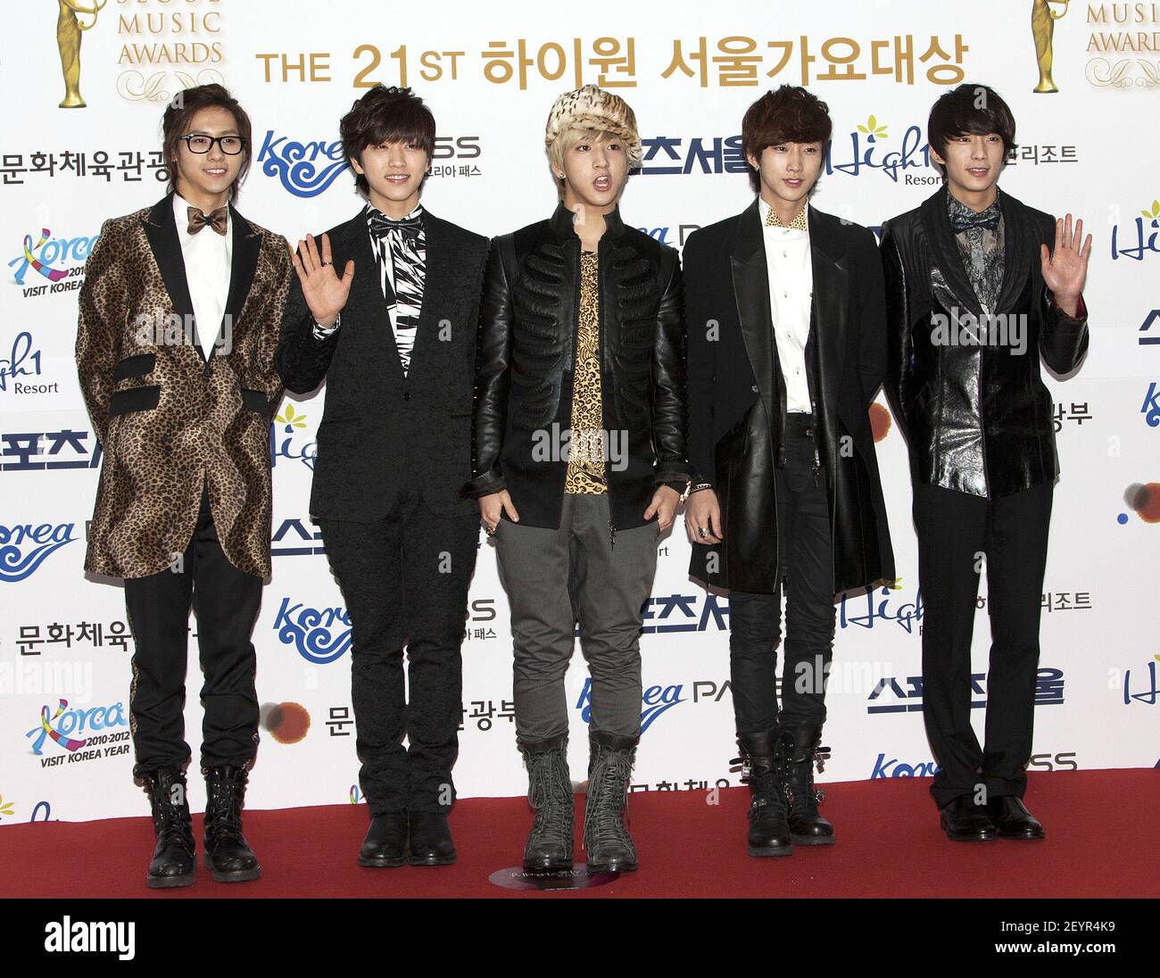 19 January 2012 - Seoul, South Korea - South Korean K-pop boys band B1A4, attend a photo call ...