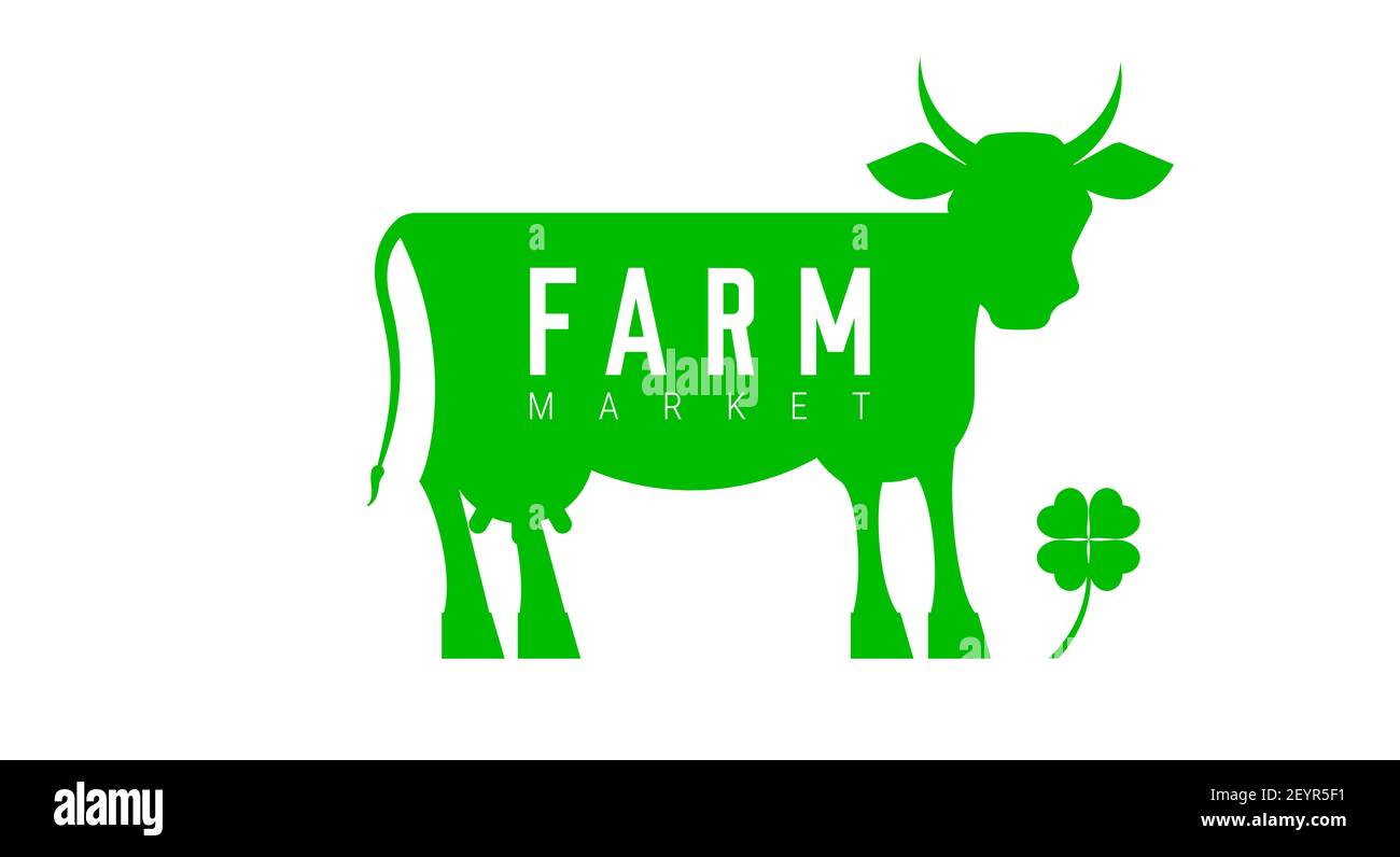 Green farm market emblem. Cow and clover. Flat illustration isolated on ...