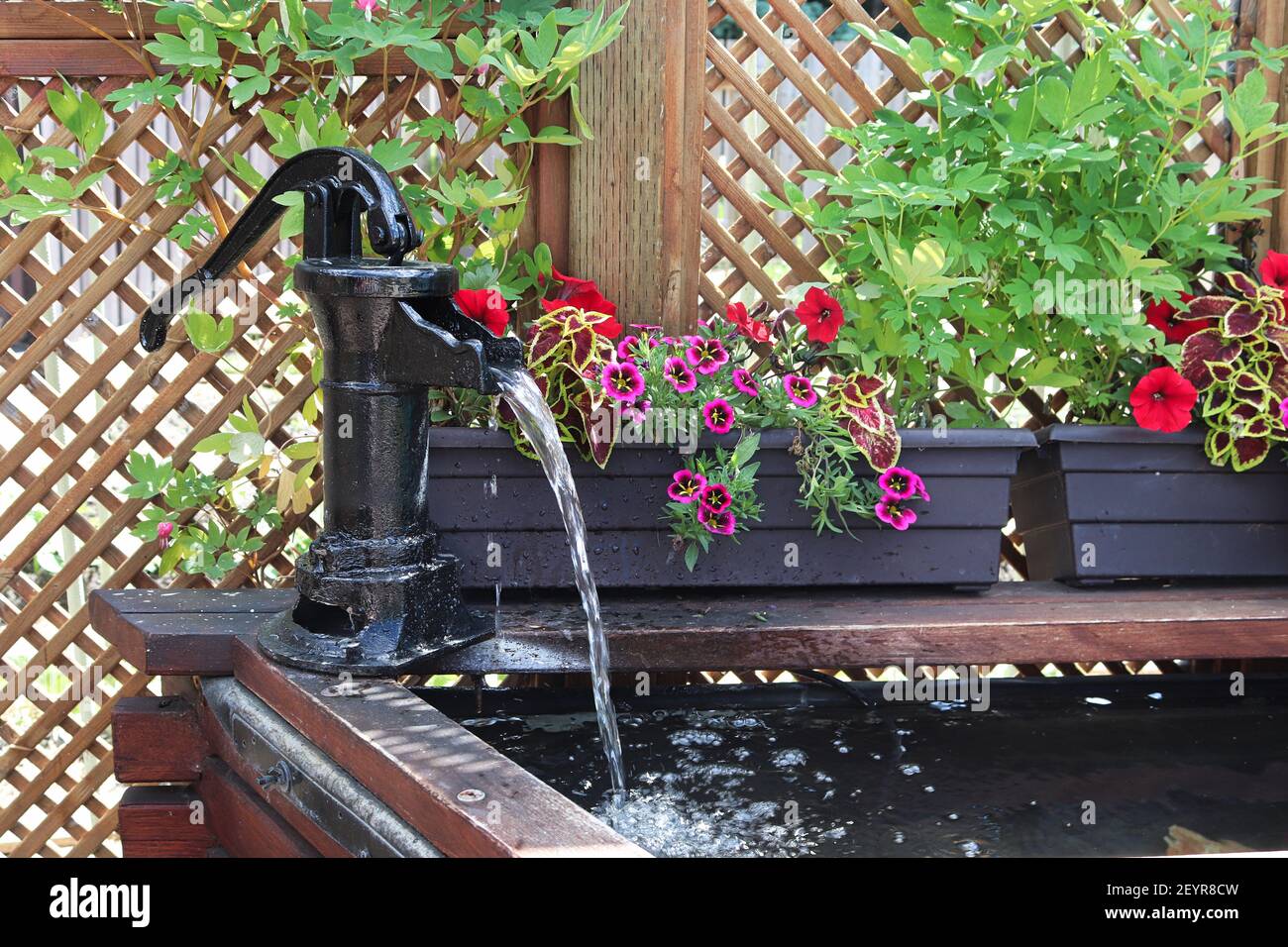 A water fountain infront of a lattice with annuals Stock Photo - Alamy