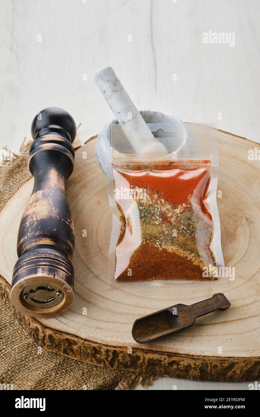Mixture of different spices in plastic packaging Stock Photo - Alamy