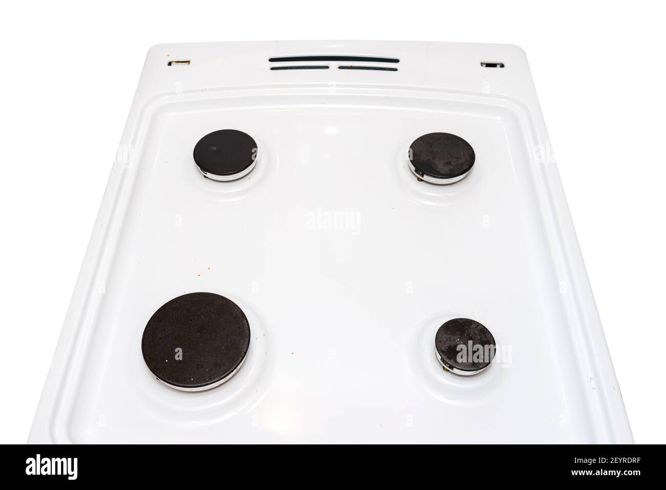 Dirty gas stove without an iron frame, isolated on a white background ...