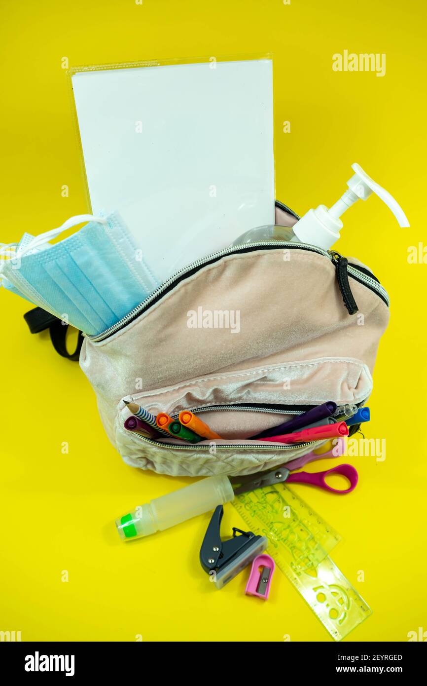 School supplies like pencil scissor eraser ruler watercolor mask ...