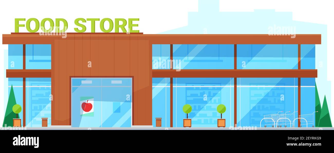 Grocery store vector flat building. Food shop and supermarket building ...