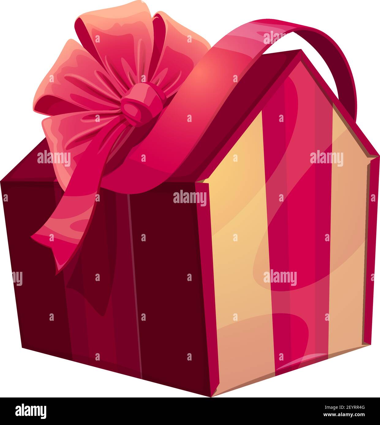 Present in shape of house, holiday surprise icon. Gift box with satin ...