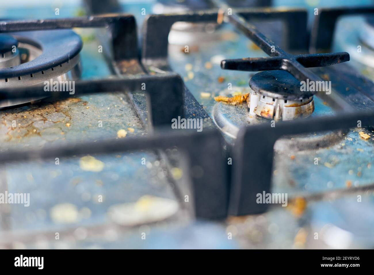 Dirty stove top with oil splatters, fat stains and food leftovers ...