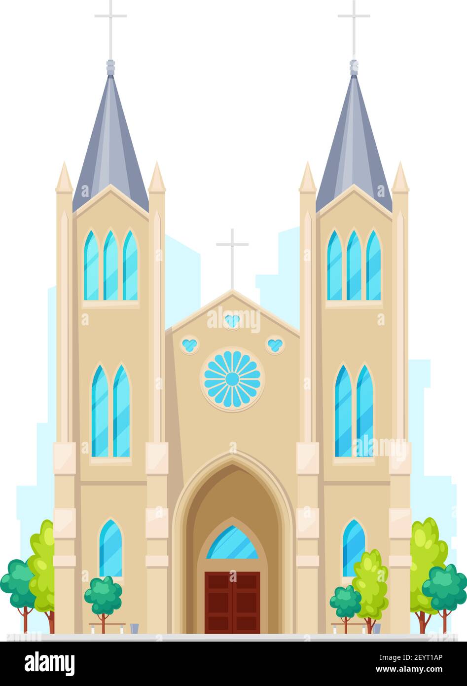 Gothic church with tower and windows isolated religion building. Vector ...