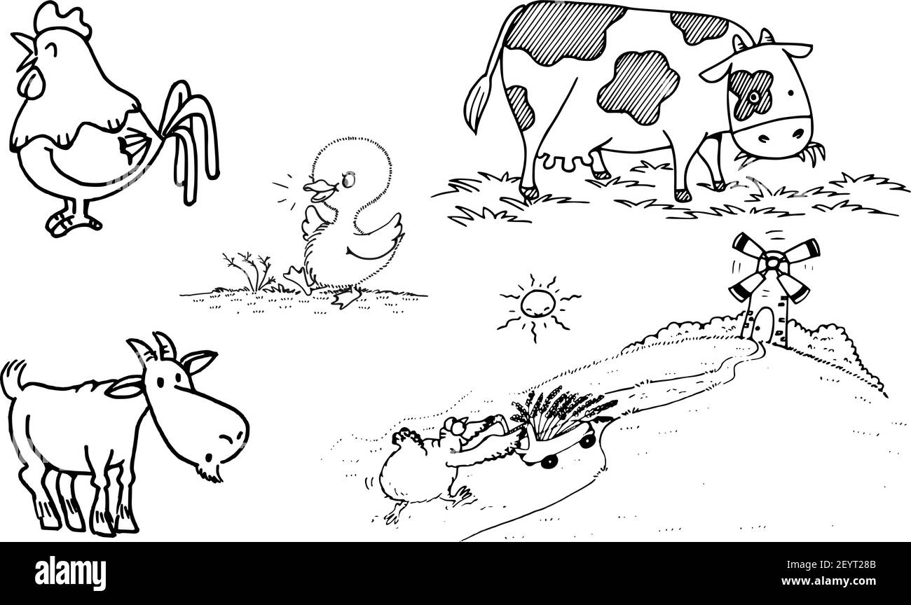 vector cartoon farm animals cow hen chicken goat Stock Vector Image ...