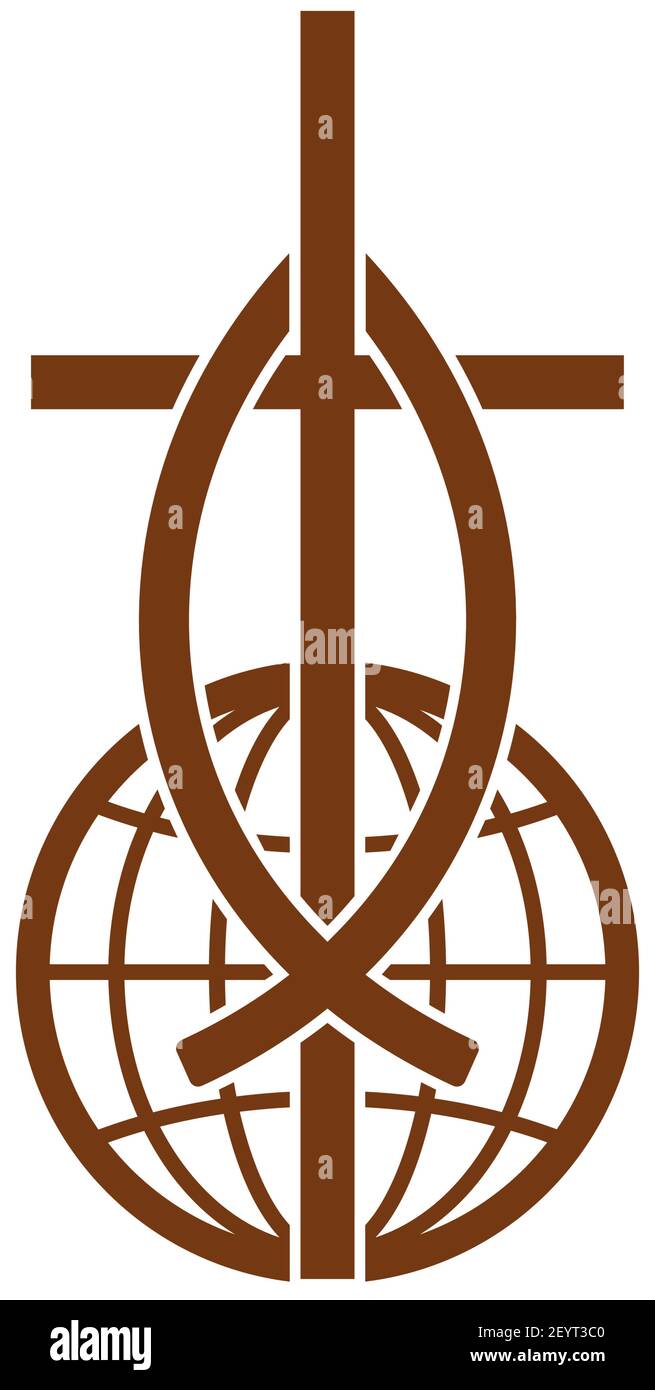 Christian religion symbols isolated cross, globe and fish. Vector ...