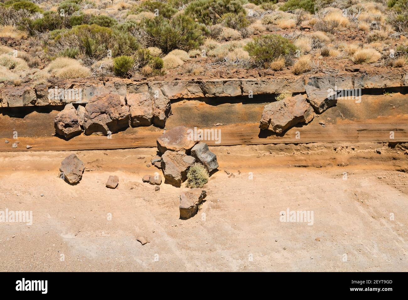 Soil profile of ash layers covered by lava rock in the caldera of Tenerife, Spain Stock Photo ...