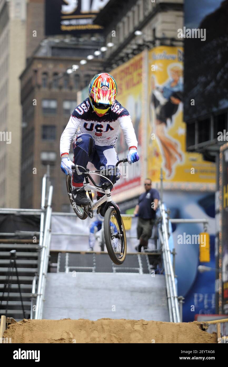 18 April 2012 - New York - Olympic BMX rider Nic Long grabs some air on ...