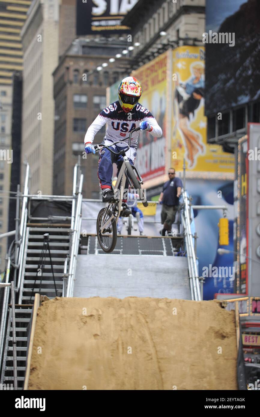 18 April 2012 - New York - Olympic BMX rider Nic Long grabs some air on ...