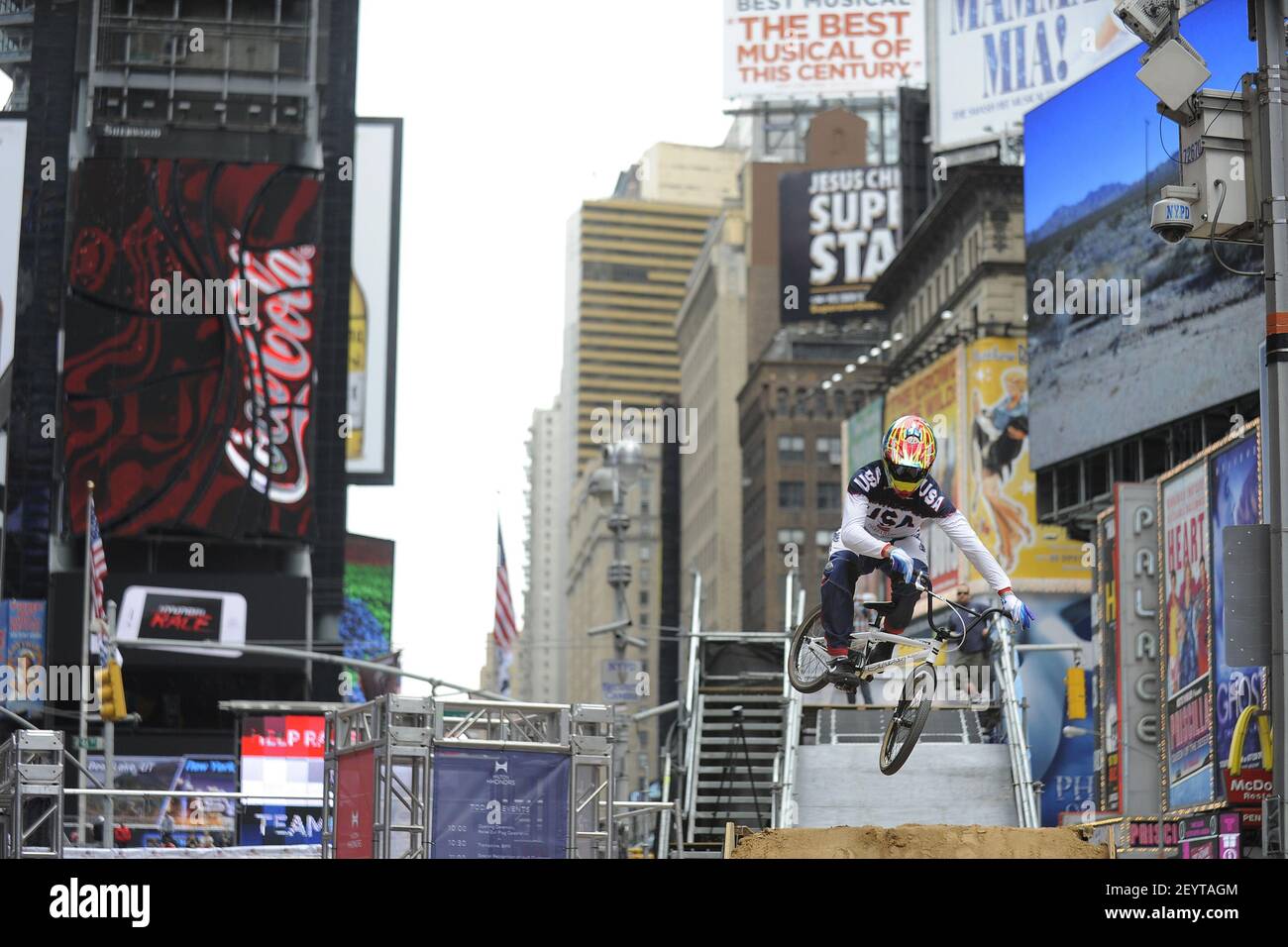 18 April 2012 - New York - Olympic BMX rider Nic Long grabs some air on ...
