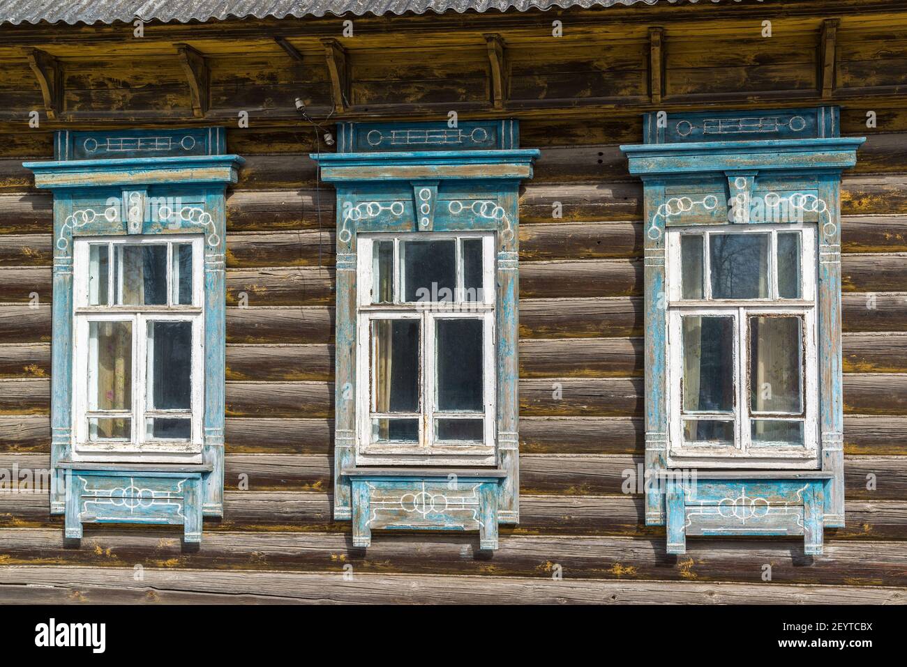 Carved window in old russian wooden country house Stock Photo - Alamy