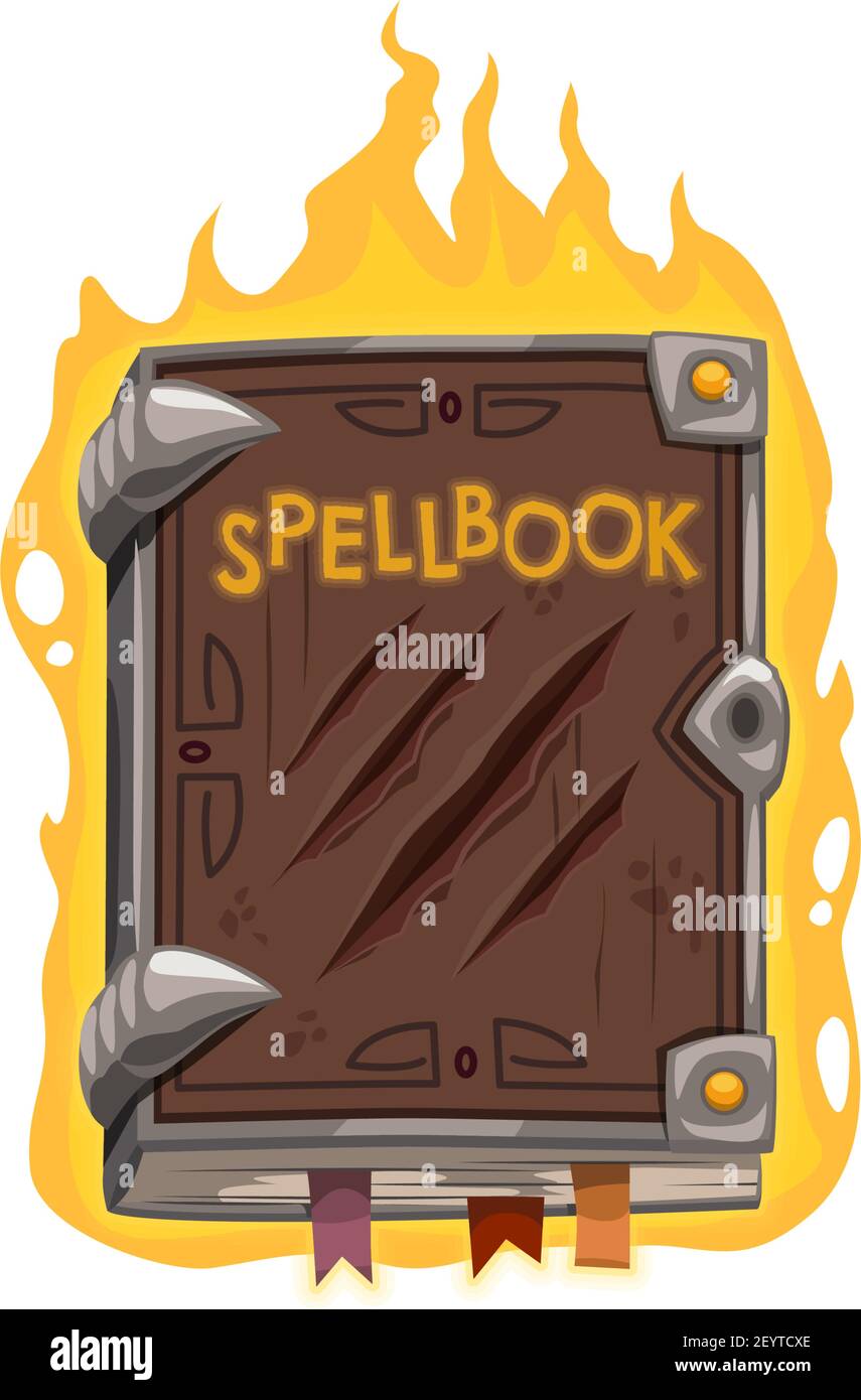 Halloween burning spellbook isolated magical book. Vector wizard or ...
