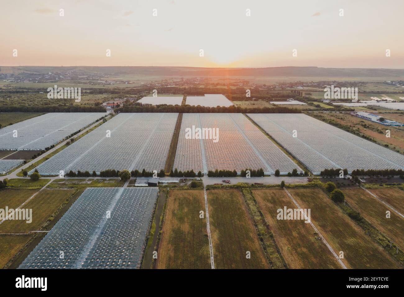 Aerial top view of greenhouse plant. Agronomy, year-round climate ...