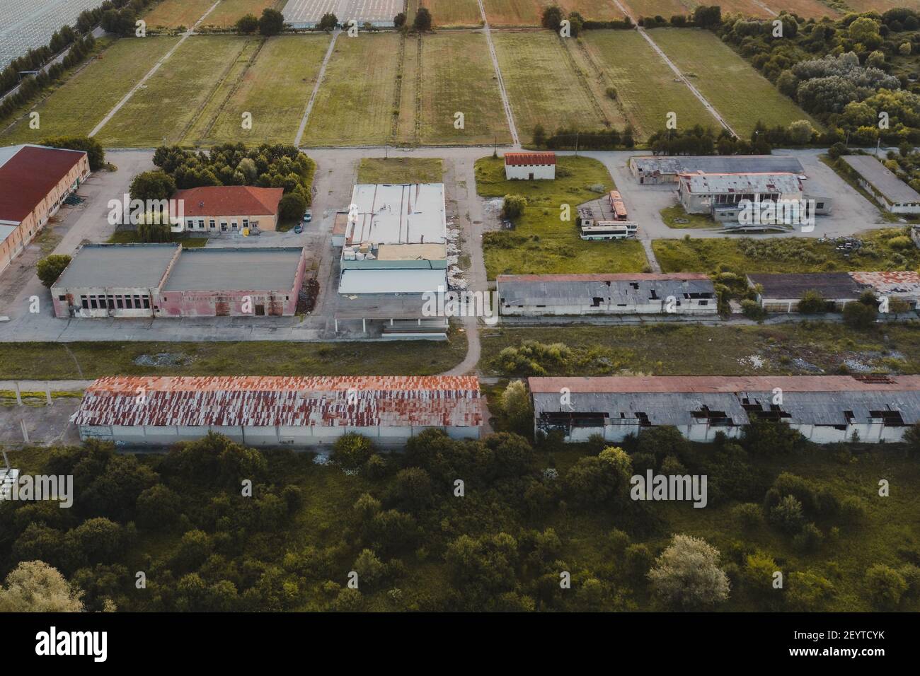 Aerial view, halls and vegetable warehouses in the field Stock Photo ...