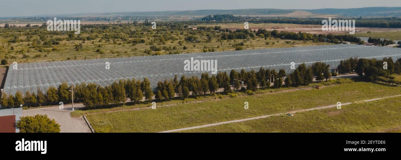 Aerial top view of greenhouse plant. Agronomy, year-round climate ...