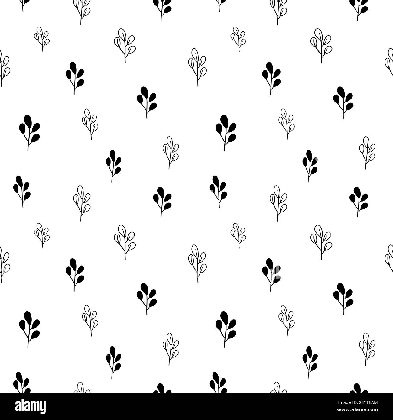 Plant seamless pattern, black and white hand-drawn tree doodle digital ...