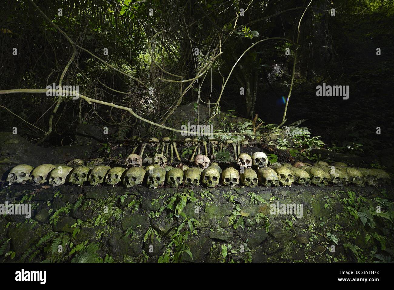 15 May 2012 - Bali - Skulls are lined up along a wall at a graveyard on ...