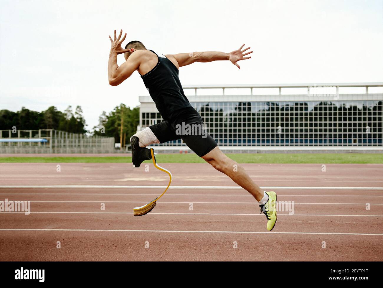 disabled athlete runner on prosthetic leg on track of stadium Stock ...