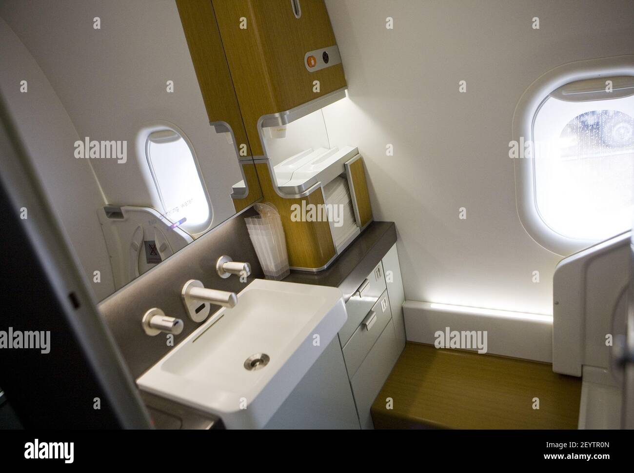 1 June 2012 - Sterling, Virginia - The bathroom of a Lufthansa Boeing ...