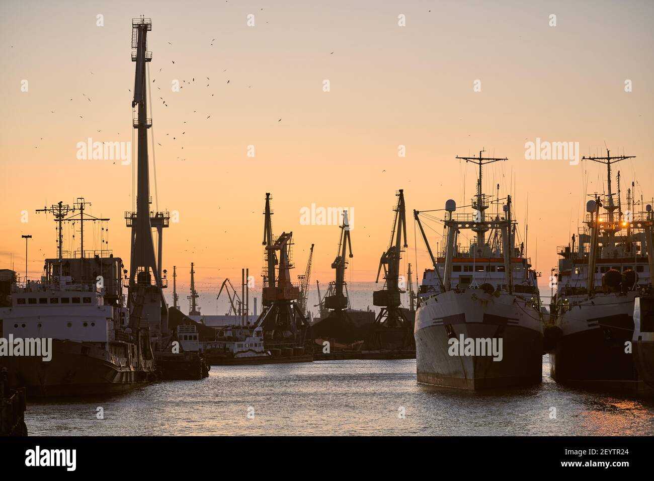 Ships in sea port on sunset background. Scenery industrial landscape ...