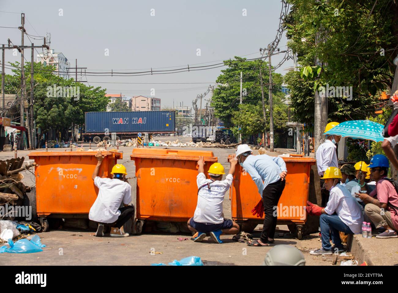 March 6, 2021, Yangon, Yangon, Myanmar: Protesters are watching the ...