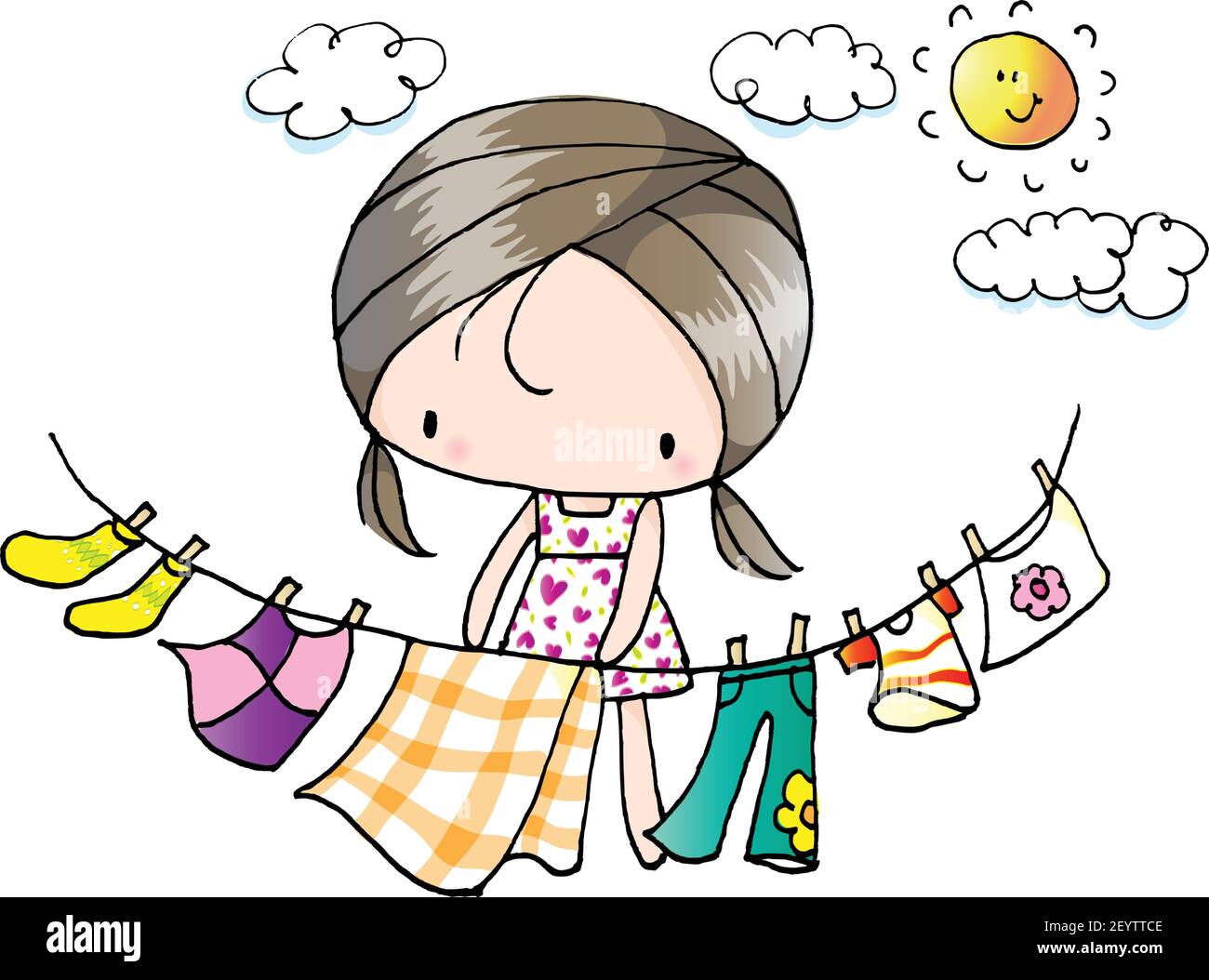 vector cartoon black and white girl Drying clothes Stock Vector Image ...