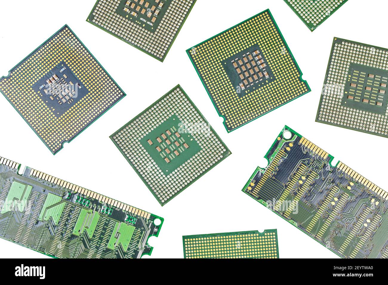 Bunch of CPU, central processor units and RAM, random-access memory, isolated background. Main ...