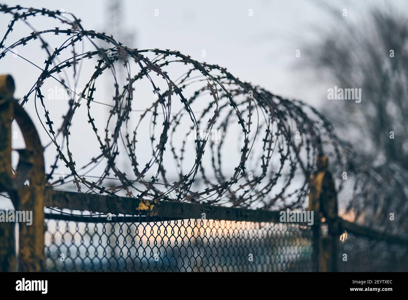 Barbed wire on fence of restricted area. No unauthorized entry. Old ...