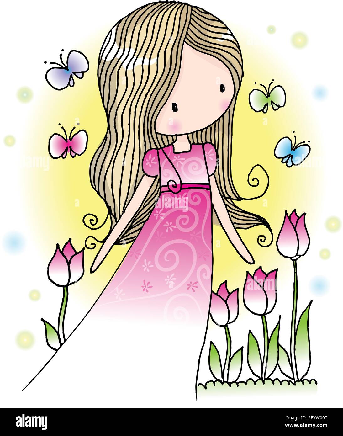 vector cartoon long hair girl walk in tulip garden Stock Vector Image ...
