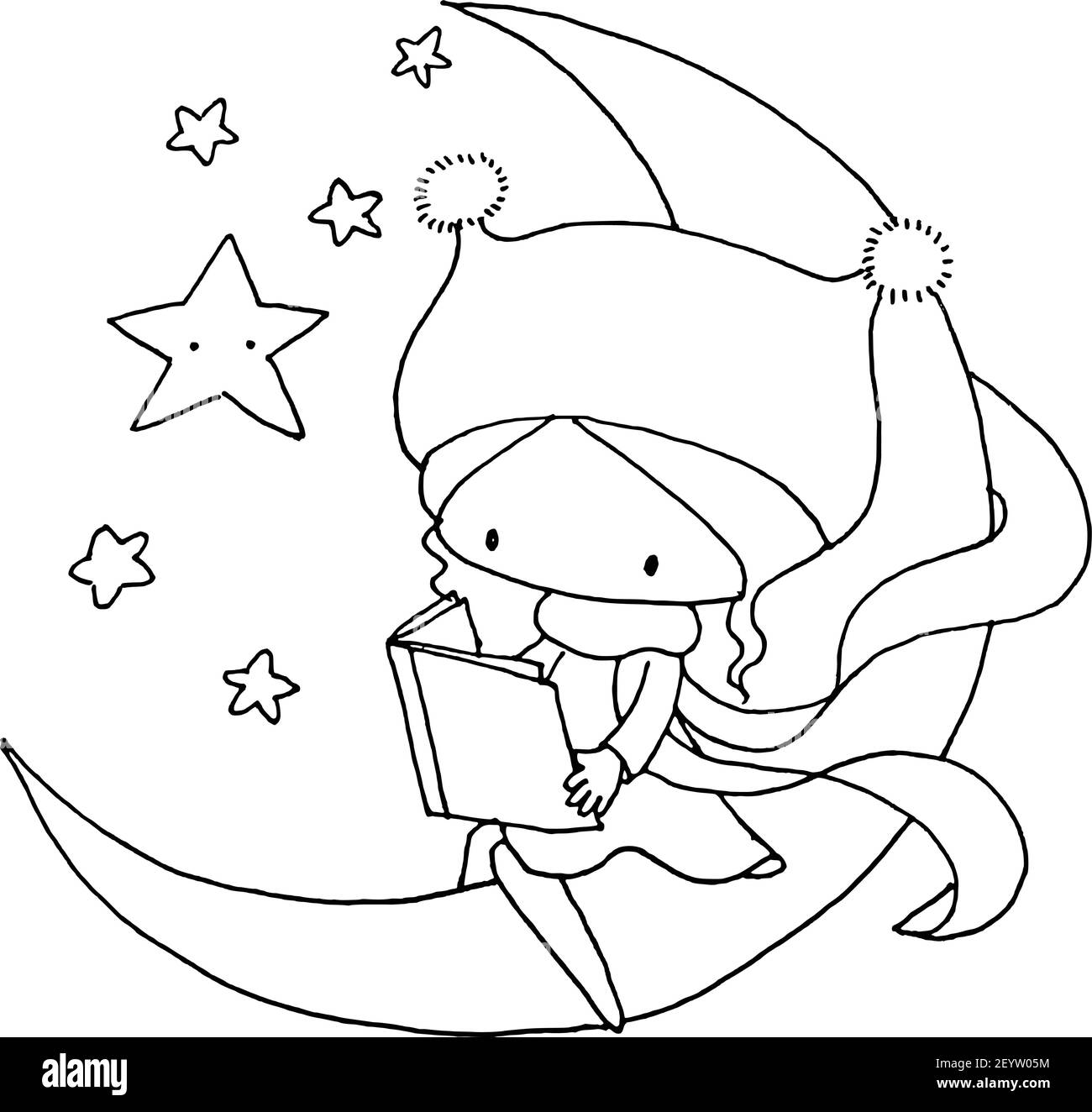 vector cartoon girl reading on moon with star Stock Vector Image & Art ...