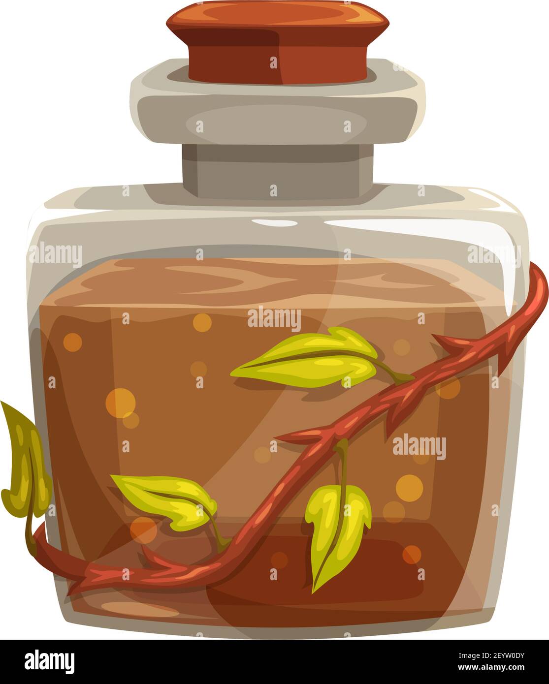 Poison brown brew in bottle with tree branch. Vector witch potion in ...