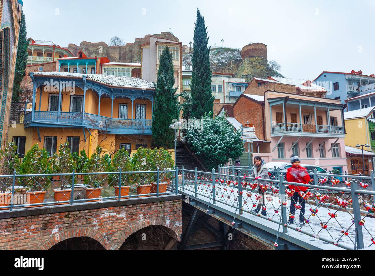 Tbilisi, Georgia - 24 February, 2021: Old Tbilisis with covered snow ...