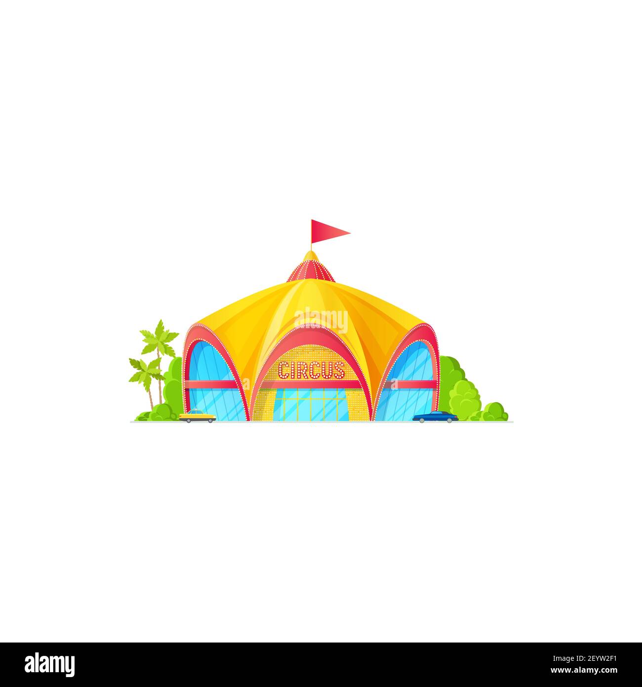 Facade of big top circus, flag on roof isolated building exterior with ...