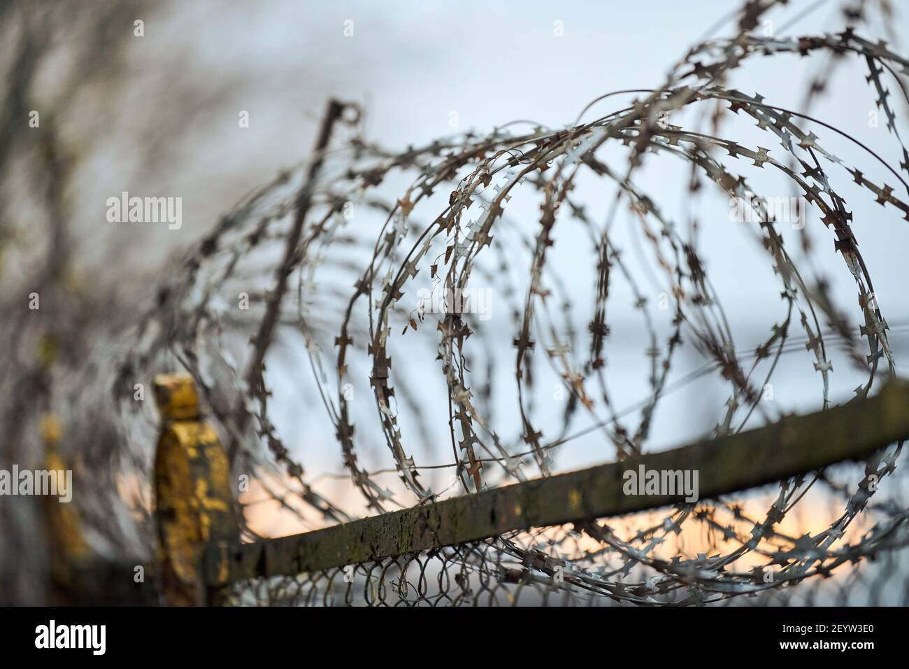 Barbed wire on fence of restricted area. No unauthorized entry. Old ...