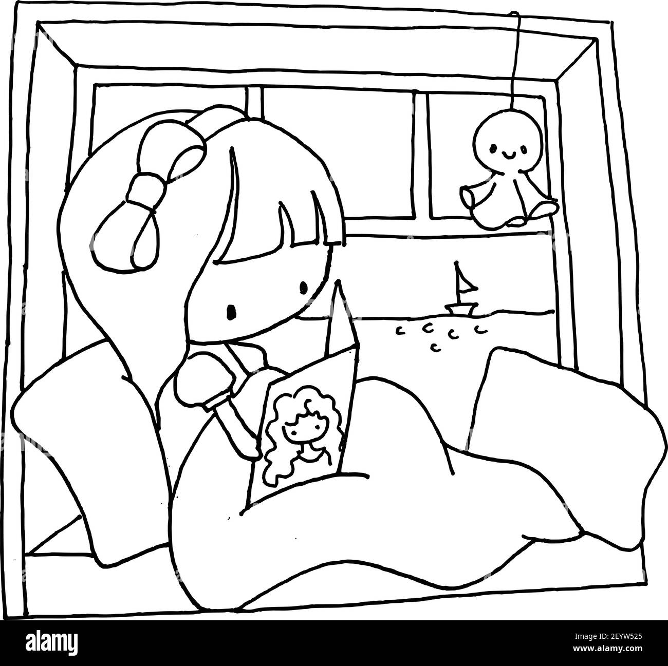 vector cartoon girl reading on bed Stock Vector Image & Art - Alamy