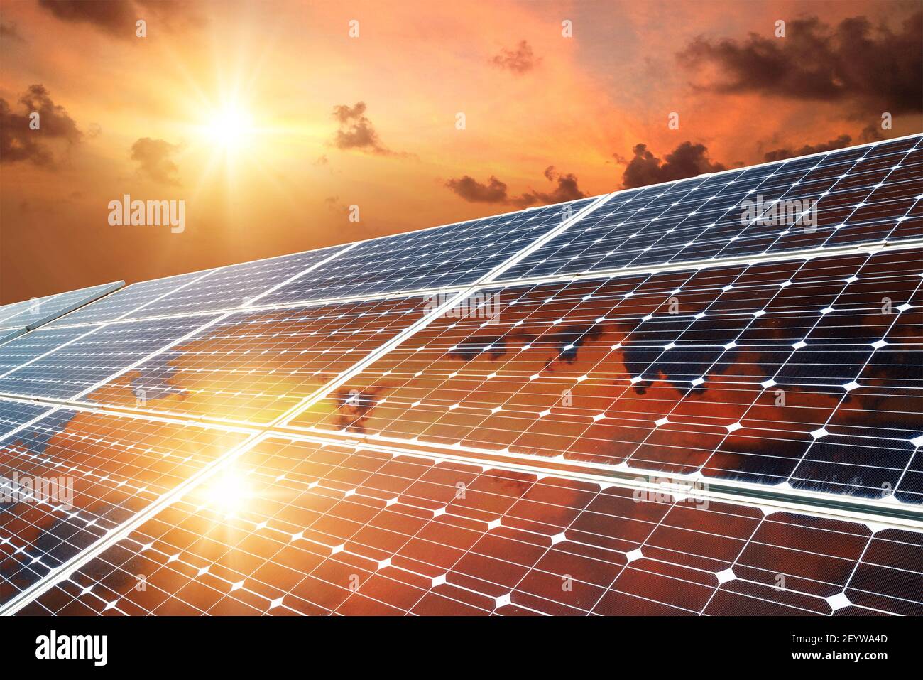 Photo collage of sunset and solar panel, photovoltaic, alternative ...