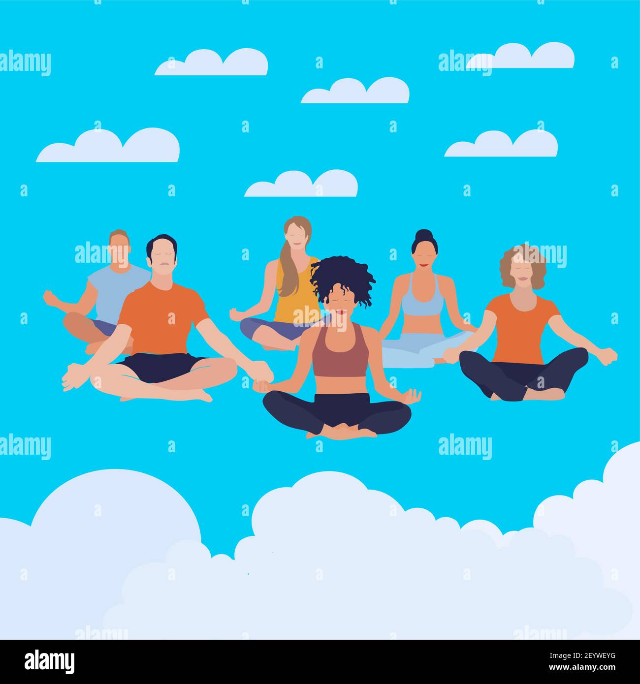 People meditate in pose lotus, soar in cloud sky. Vector meditation ...